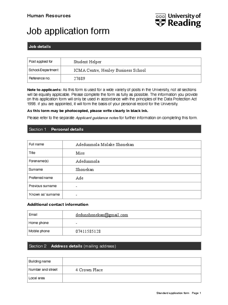 Standard Application Form | PDF