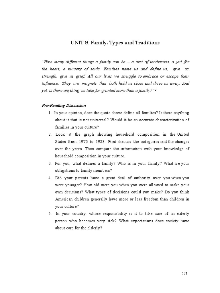 UNIT 9. Family: Types and Traditions: Pre-Reading Discussion | PDF ...