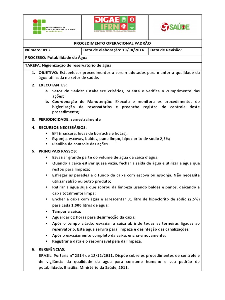 POP 013 - Higienizacao de Reservatorio de Agua | PDF