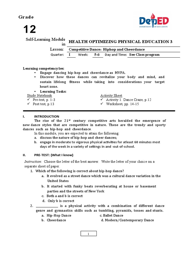 PE3 WEEK 5 6 With Worksheet | PDF | Cheerleading | Hip Hop Music
