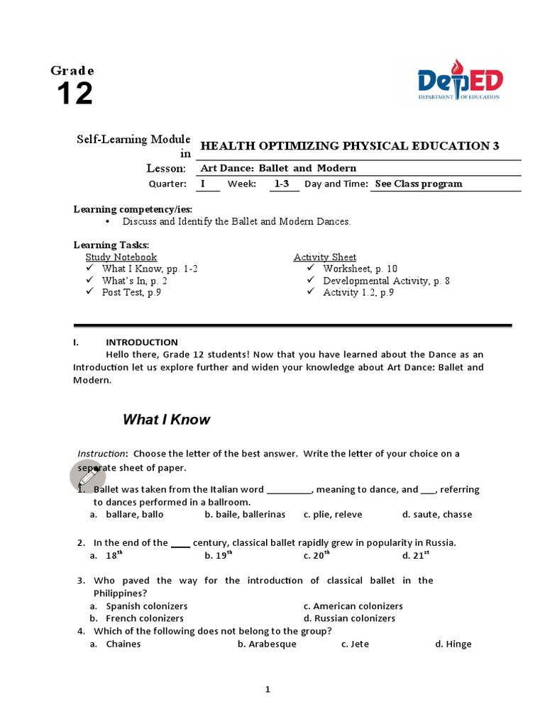 PE3 WEEK 1 3 With Worksheet 2 | PDF | Ballet | Dances