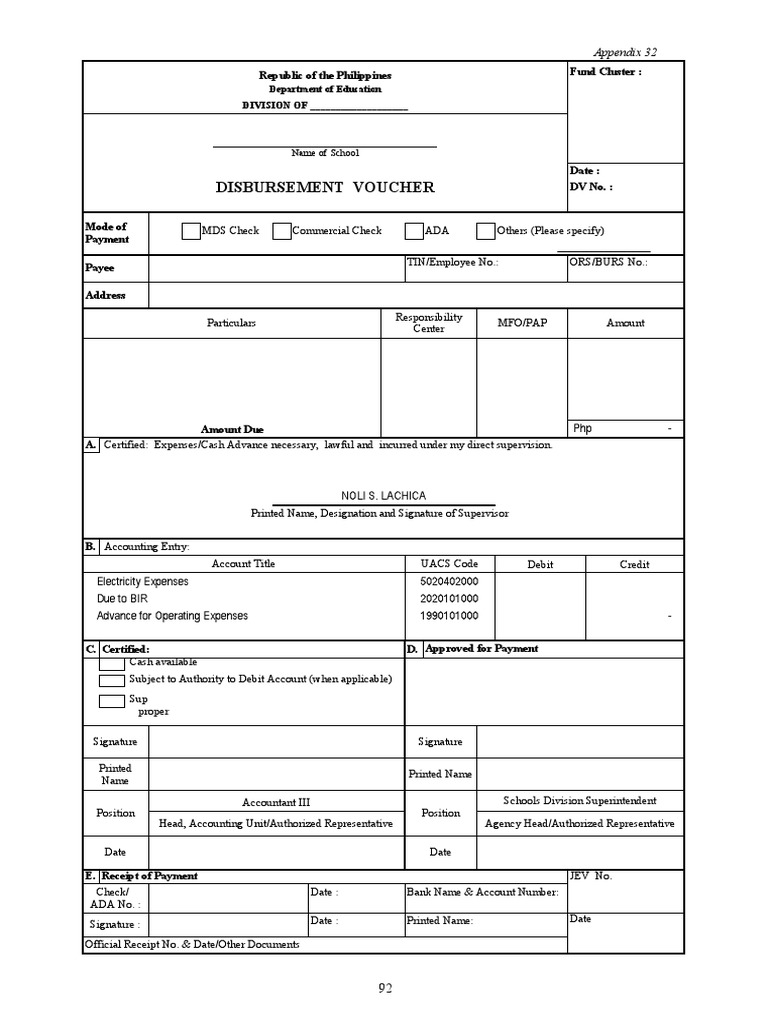 Disbursement Voucher - DepEd | PDF | Payments | Cheque