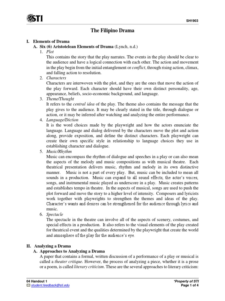 The Filipino Drama: I. Elements of Drama A. Six (6) Aristotelean ...