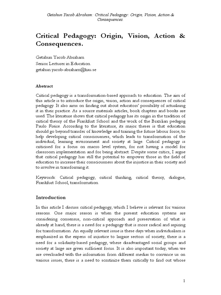 Critical Pedagogy Origin, Vision, Action Ando Consequences | PDF ...