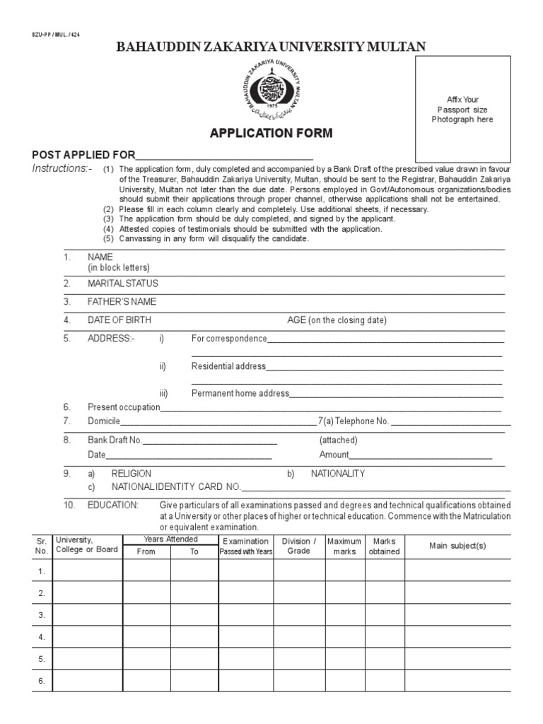 Bahauddin Zakariya University Multan: Application Form | PDF ...