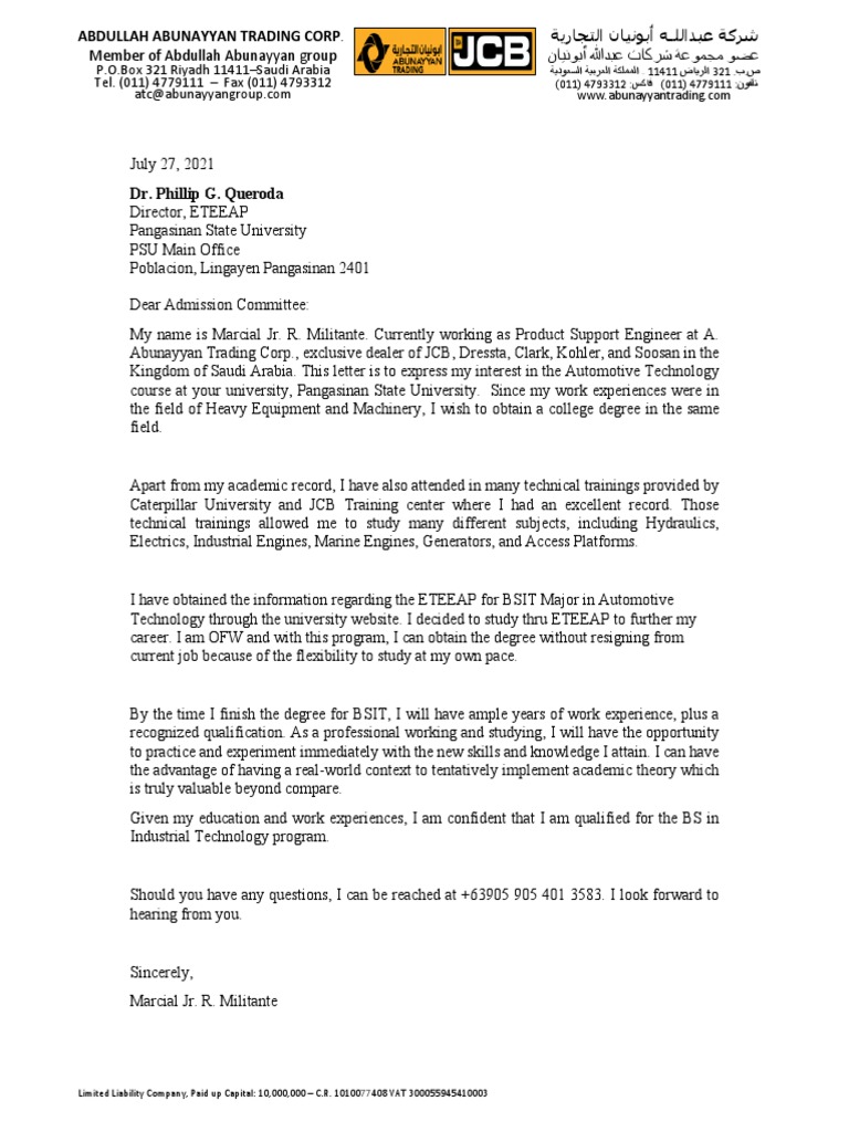 Letter of Intent - BSIT Automotive Tech - PSU | PDF | Career & Growth ...