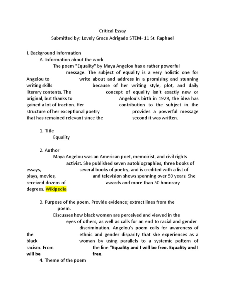 Analysis of Maya Angelou's "Equality" | PDF | Poetry | Maya Angelou