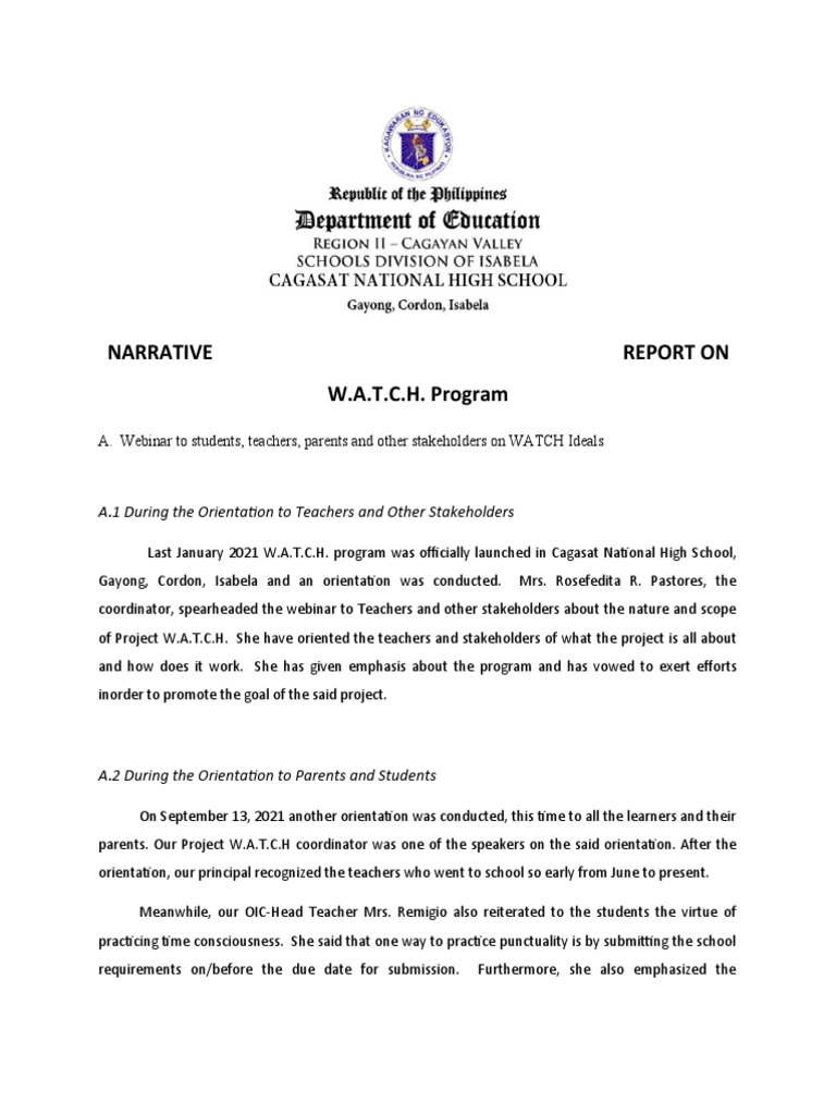 W.A.T.C.H. Program Narrative Report | PDF | Teaching | Psychology