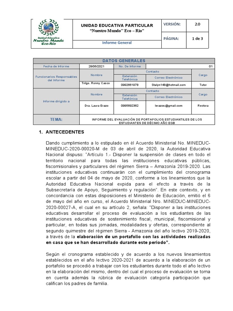 Informe Evaluación Portafolio Estudiantil 3 Bgu | PDF | Evaluación ...