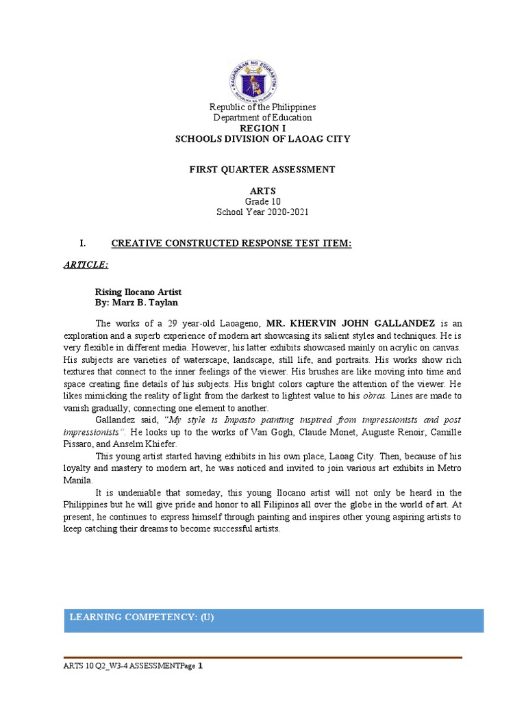 ART 10 Q1 Enhanced ASSESSMENT | PDF | Paintings | Rubric (Academic)