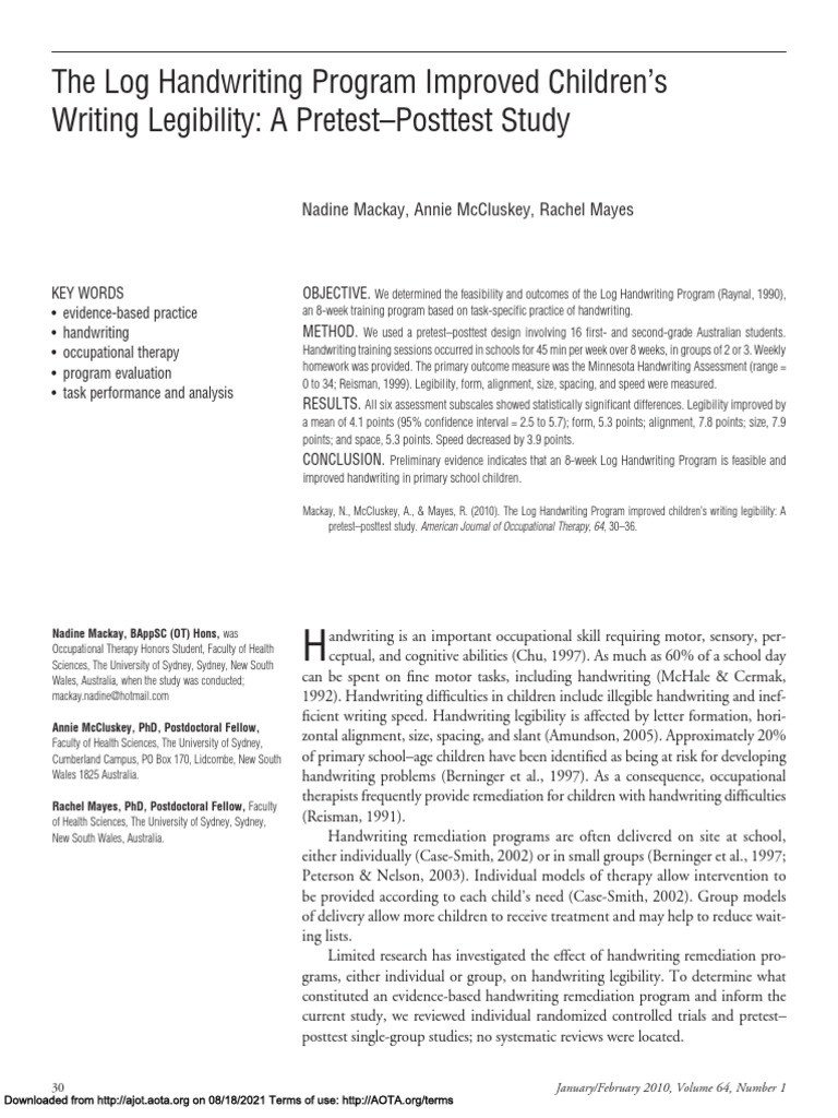 The Log Handwriting Program Improved Children's Writing Legibility: A ...