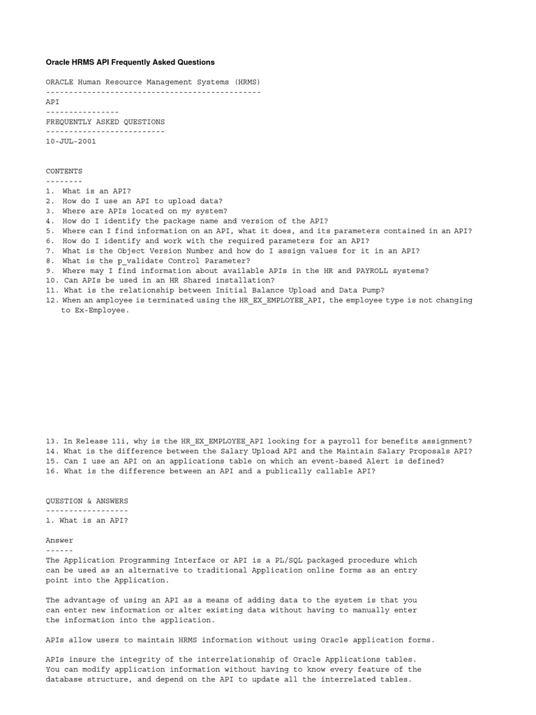 Oracle Hrms Api Frequently Asked Questions Pdf Parameter Computer