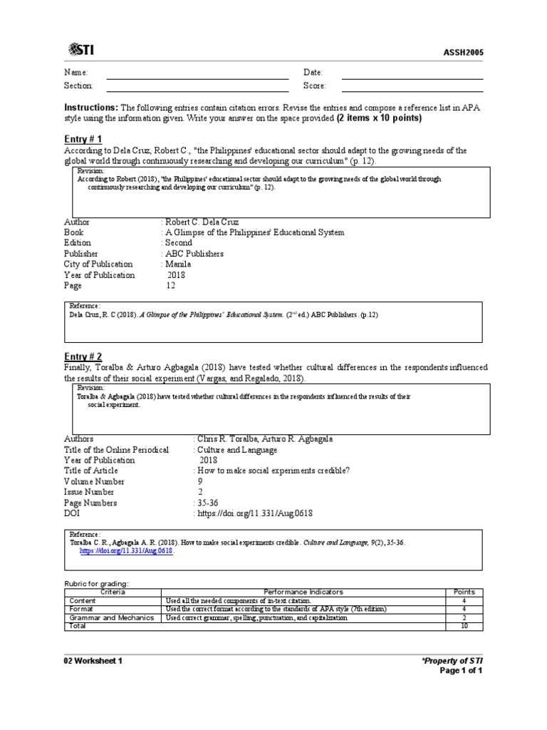 Instructions: The Following Entries Contain Citation Errors. Revise The Entries and Compose A ...