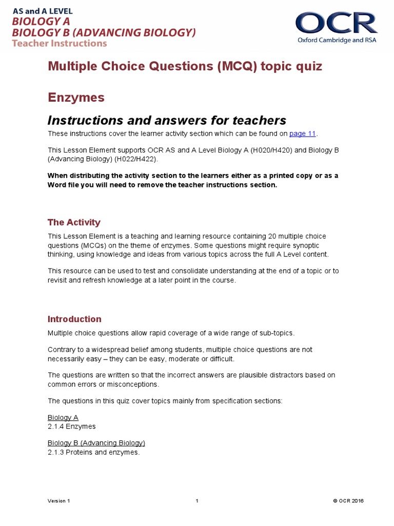 Multiple Choice Questions (MCQ) Topic Quiz Enzymes: Instructions and ...