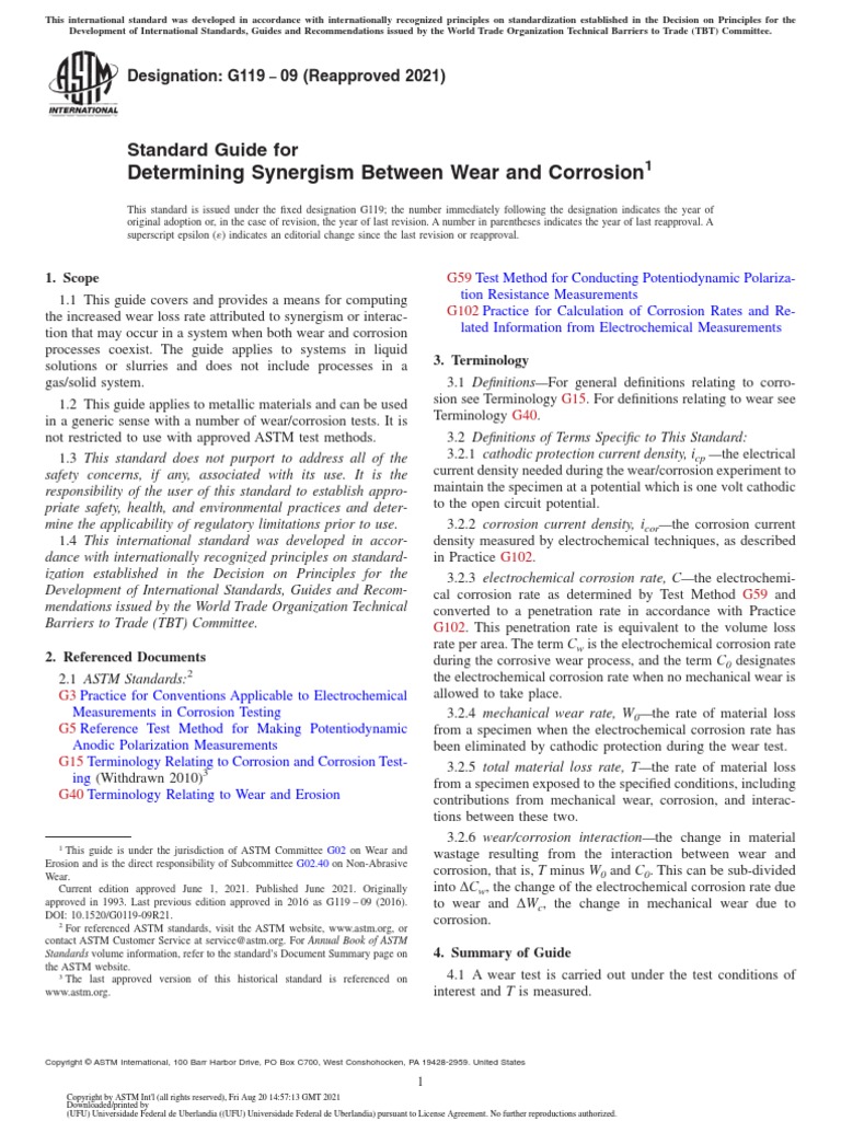 ASTM G119-09 (2021) Standard Guide For Determining Synergism Between Wear and Corrosion | PDF ...