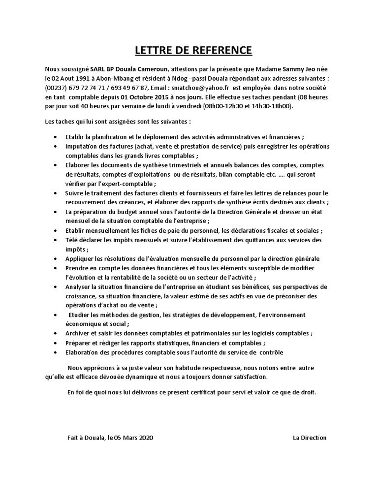 Lettre de Reference | PDF | Comptabilité | Impôts