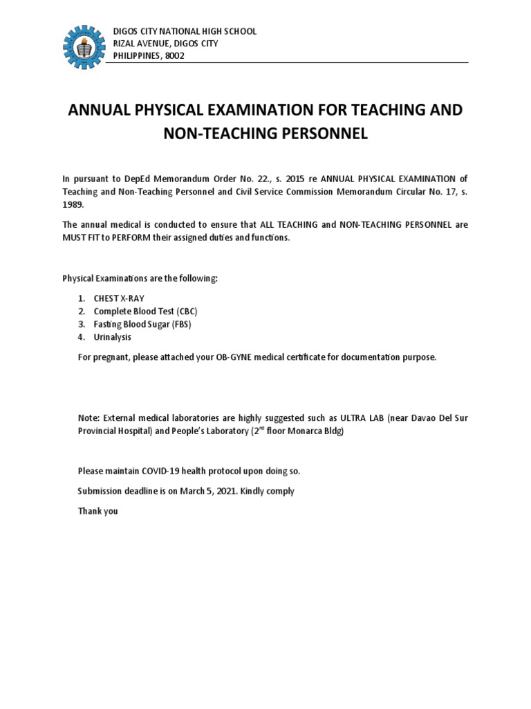 Annual Physical Examination For Teaching and Non-Teaching Personnel | PDF