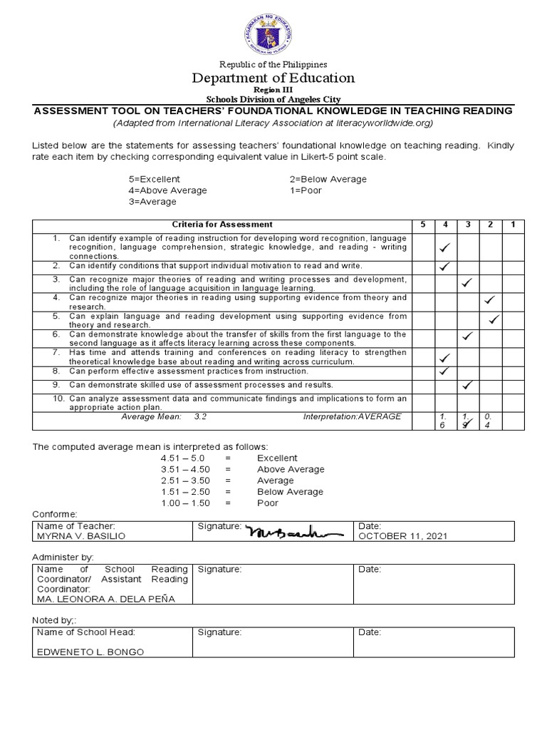 Department of Education: Assessment Tool On Teachers' Foundational ...