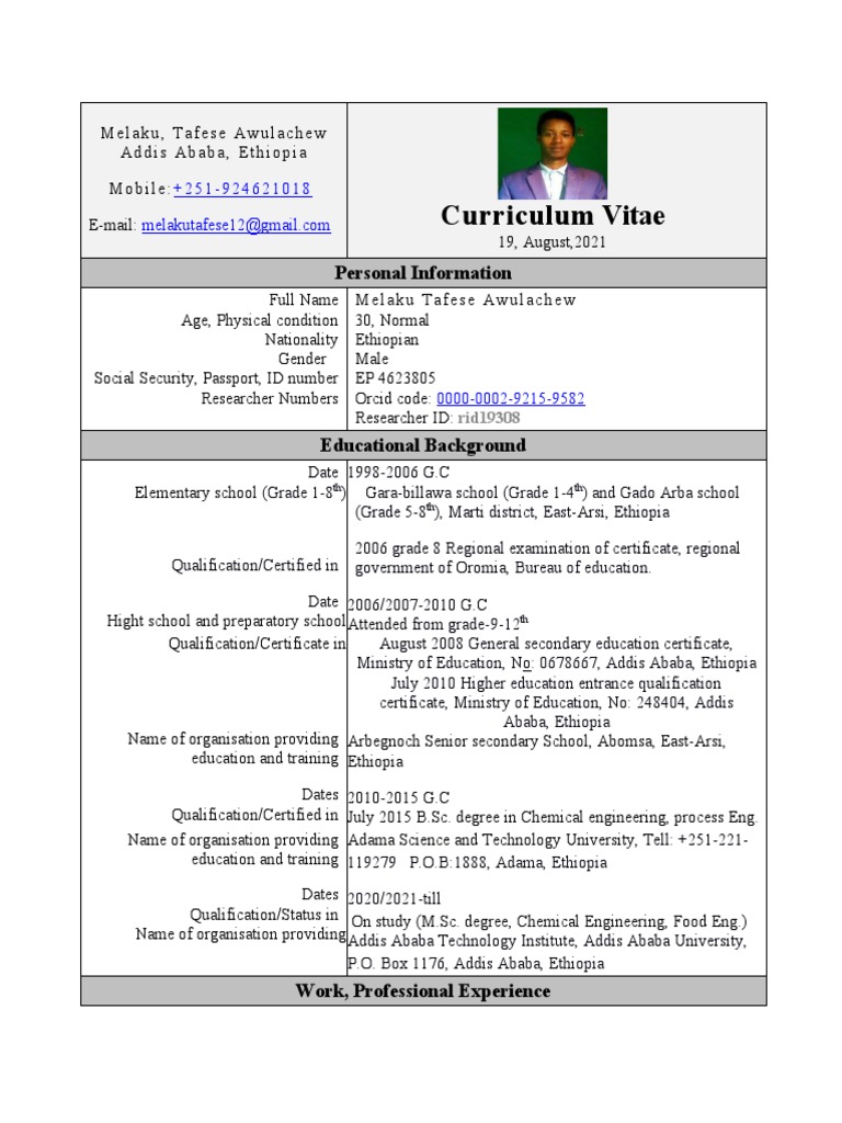 Curriculum Vitae: Personal Information | PDF | Ethiopia | Academic Degree