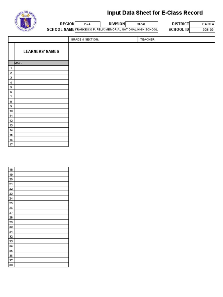 Input Data Sheet For E-Class Record: Region Division District School ...
