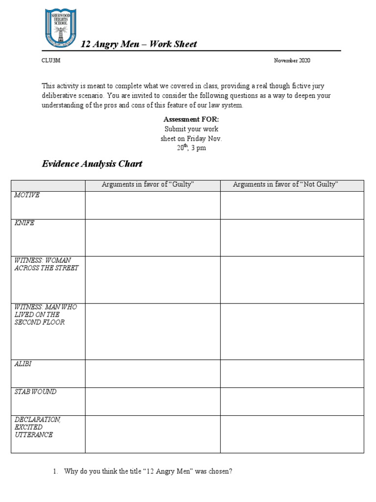 12 Angry Men - Work Sheet | PDF | Legal Procedure