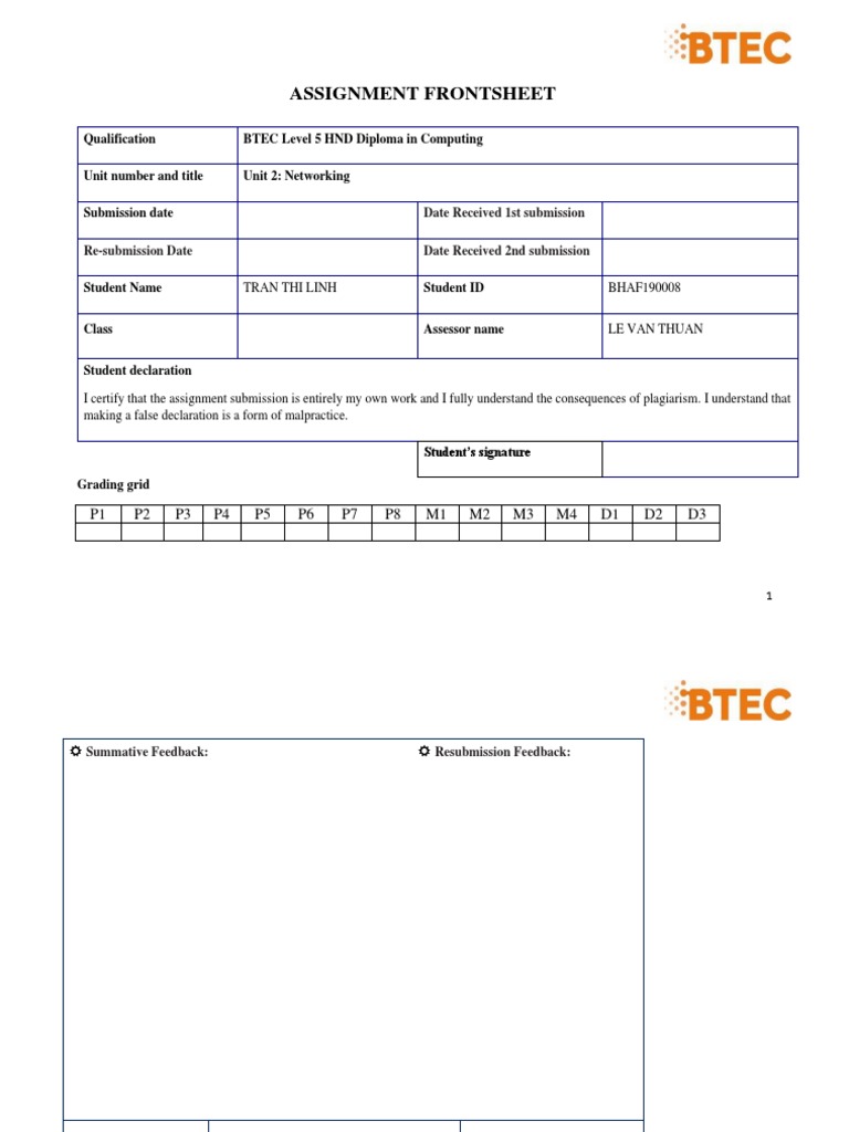 Assignment Frontsheet: Qualification BTEC Level 5 HND Diploma in ...