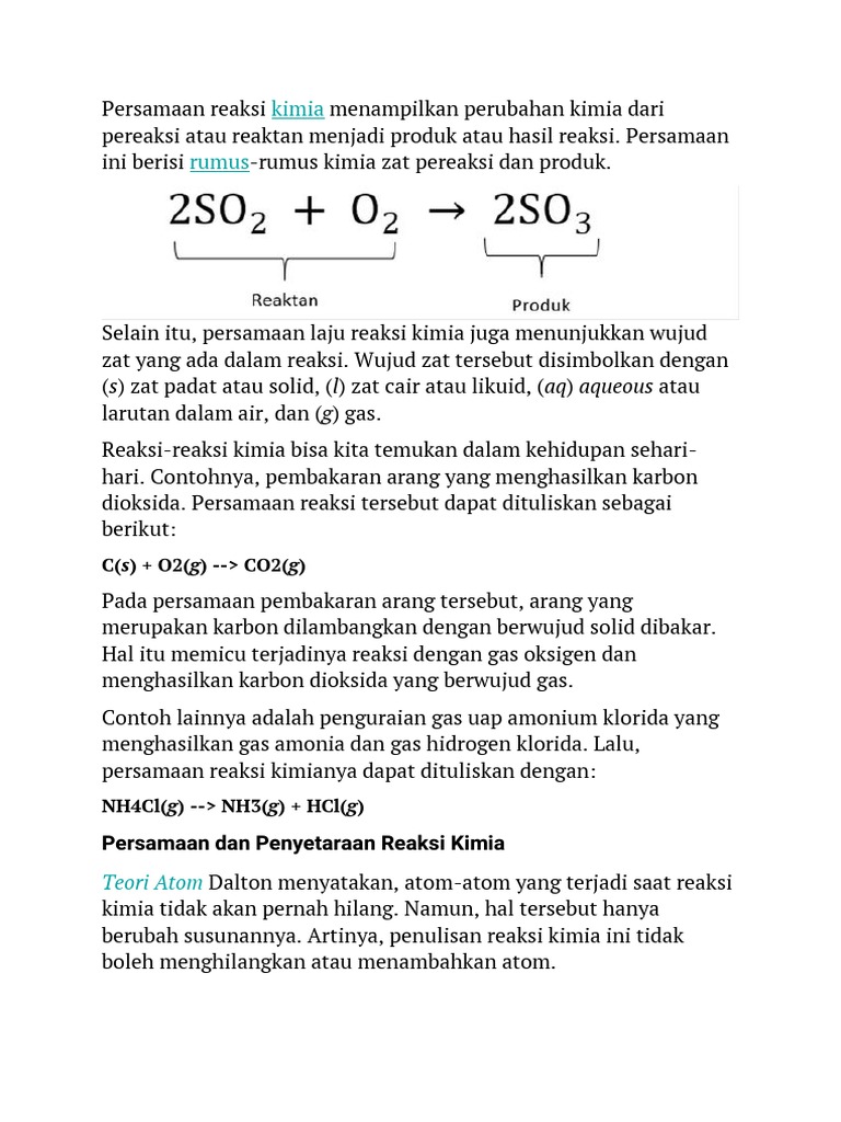 Persamaan Reaksi Kimia Menampilkan Perubahan Kimia Dari Pereaksi Atau ...
