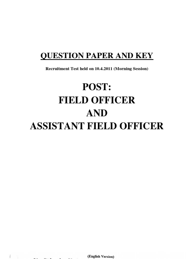 Post: Field Officer AND Assistant Field Officer: Question Paper and Key ...