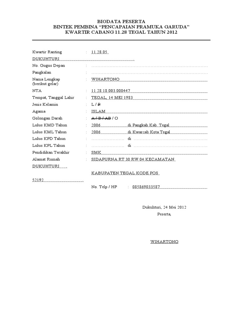 Biodata Peserta Bintek Pramuka Garuda | PDF