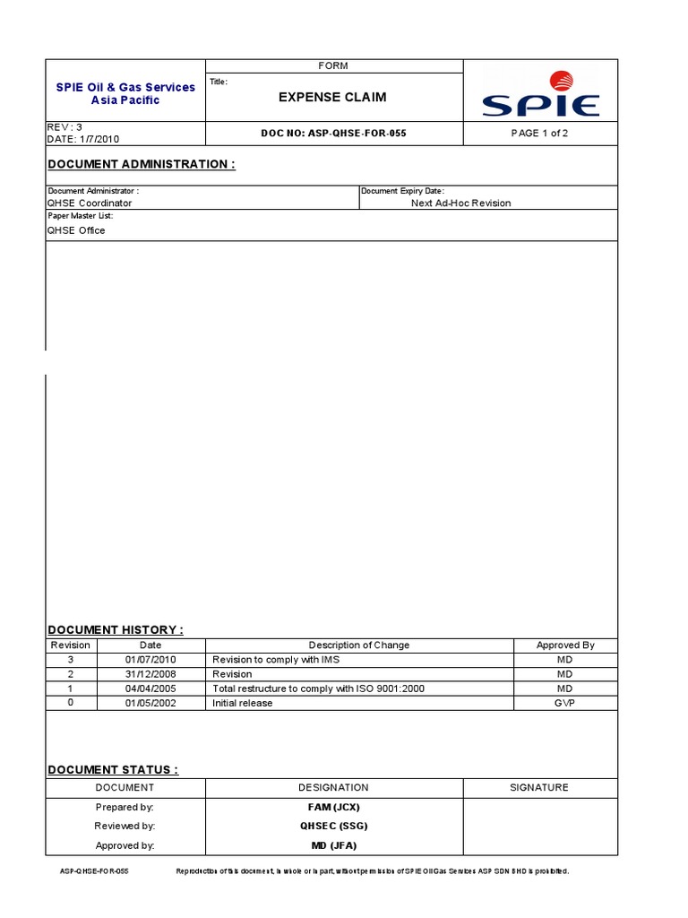 ASP-QHSE-FOR-055 R3 - Expense Claim Form | PDF