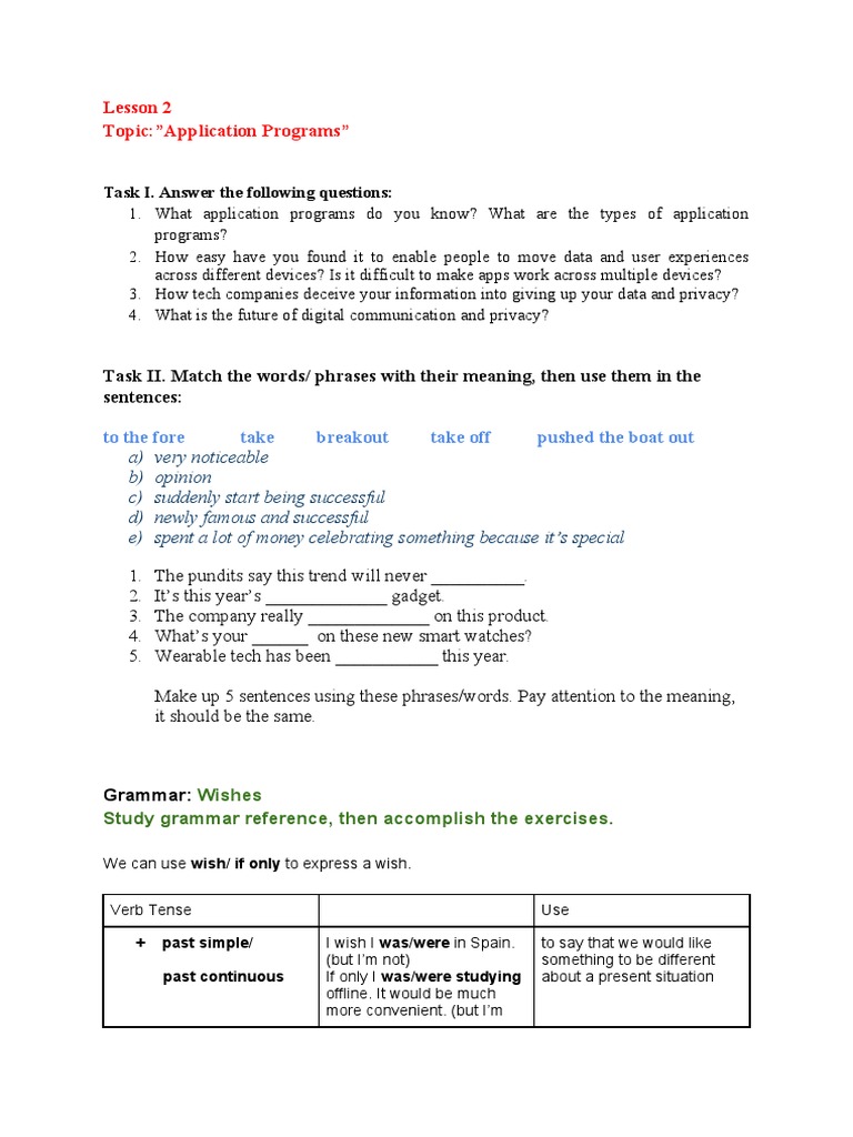 Lesson 2 Topic:"Application Programs": Task I. Answer The Following ...