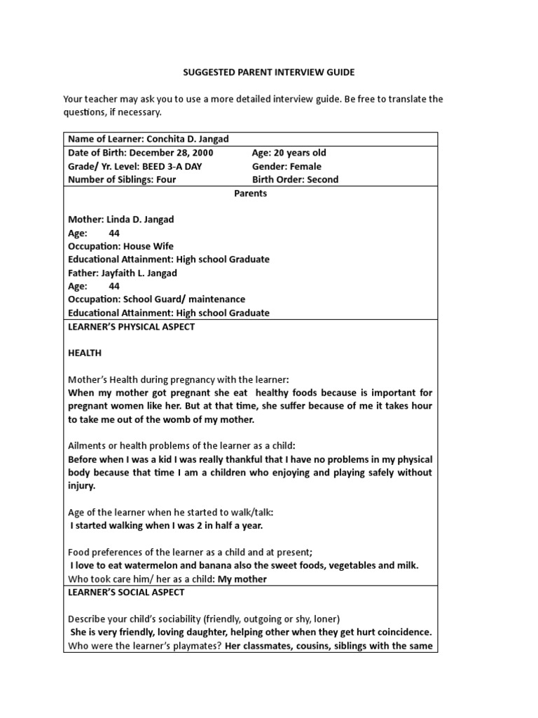 Suggested Parent Interview Guide | PDF | Feeling | Cognition