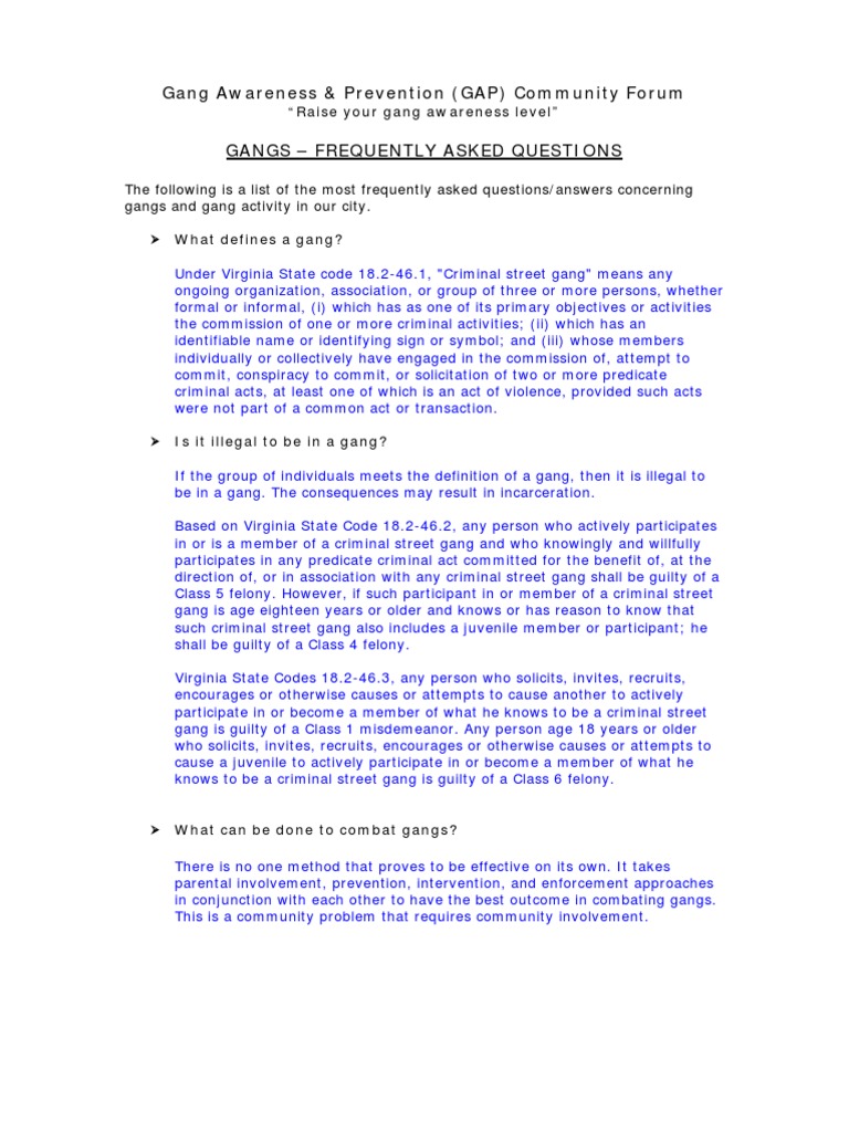 Gang Awareness & Prevention (GAP) Community Forum Gangs - Frequently ...