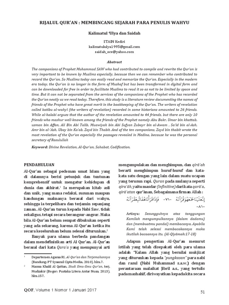 Rijalul Qur'An: Membincang Sejarah para Penulis Wahyu: Kalimatul Ulya Dan Saidah | Download Free ...