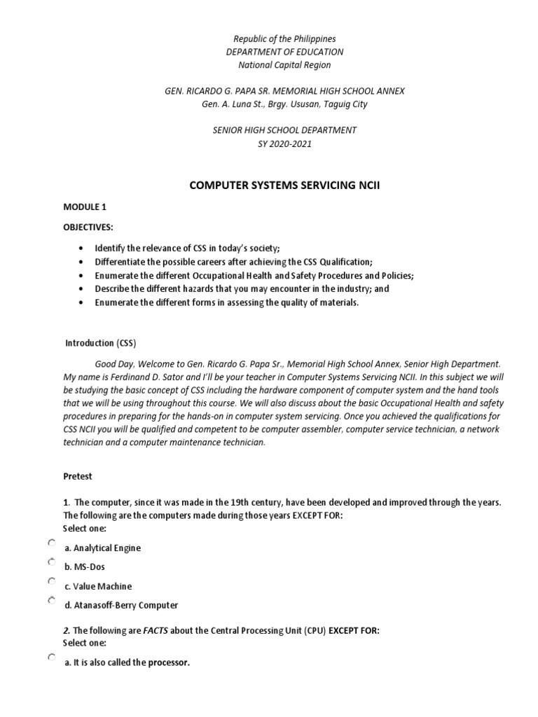 CSS NCII - Module 1 | PDF | Computer Data Storage | Random Access Memory