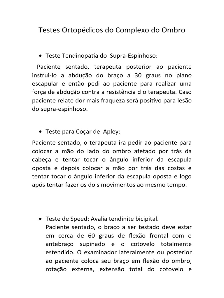 Testes Ortopédicos Do Complexo Do Ombro | PDF | Cotovelo | Pressão