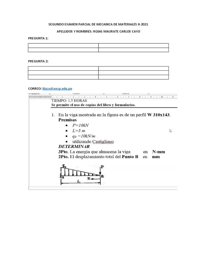 Segundo Examen Parcial de Mecanica de Materiales Ii | PDF