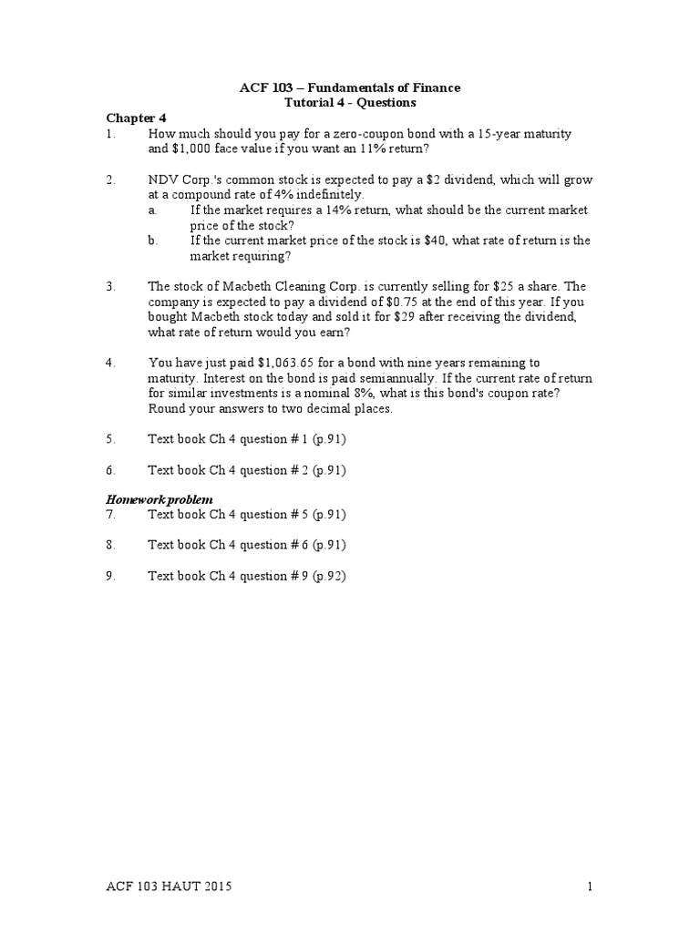ACF 103 - Fundamentals of Finance Tutorial 4 - Questions: Homework ...