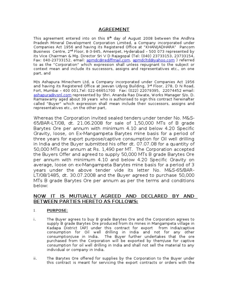 Agreement of B Grade Barytes | PDF | Taxes | Royalty Payment