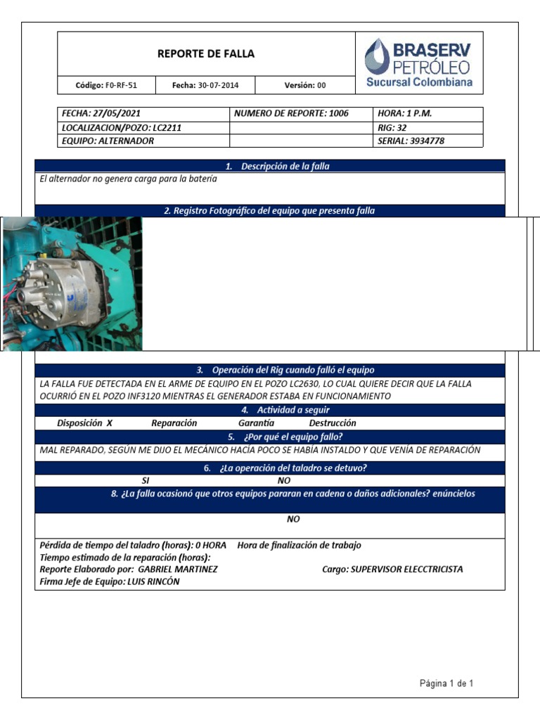 Formato Reporte de Falla Alternador | PDF