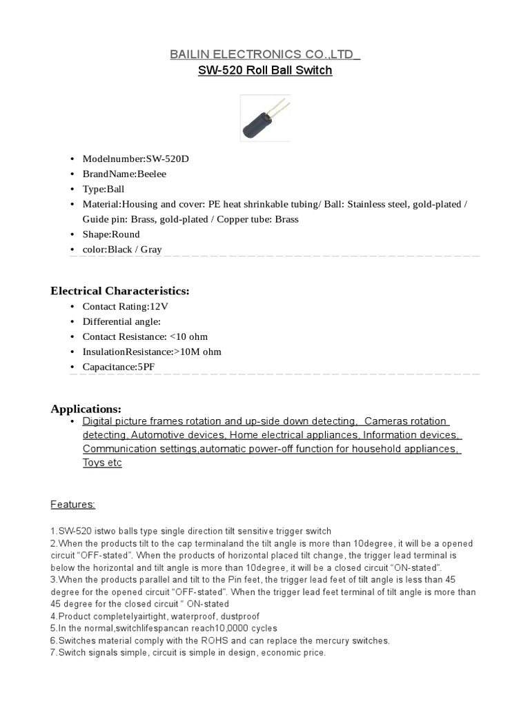 Bailin Electronics Co.,Ltd: SW-520 Roll Ball Switch | PDF