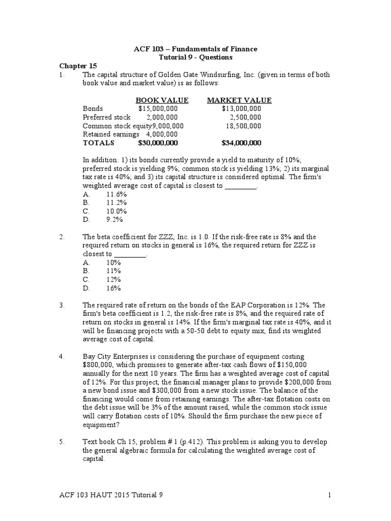 ACF 103 - Fundamentals of Finance Tutorial 9 - Questions | Download ...