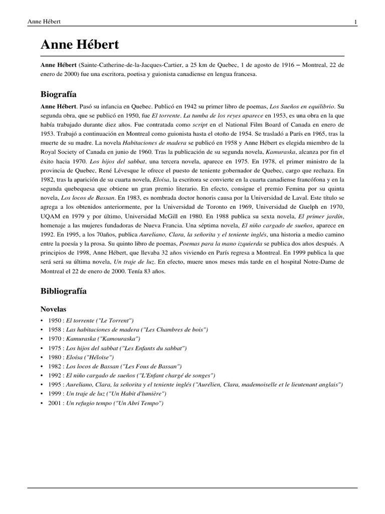 Vida y Obra de Anne Hébert | PDF | Clásicos