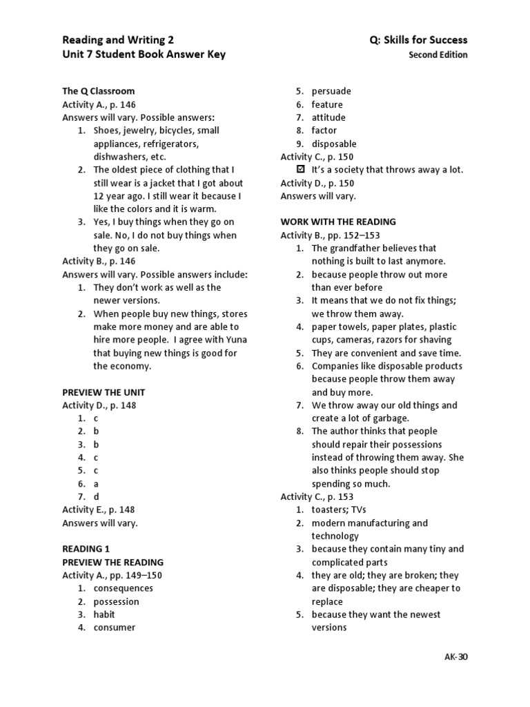 Reading and Writing 2 Q: Skills For Success Unit 7 Student Book Answer ...