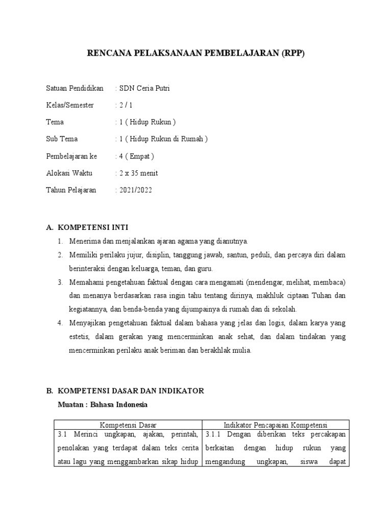 RPP Kelas 2 Tema 1 Sub 1 PB 4 | PDF