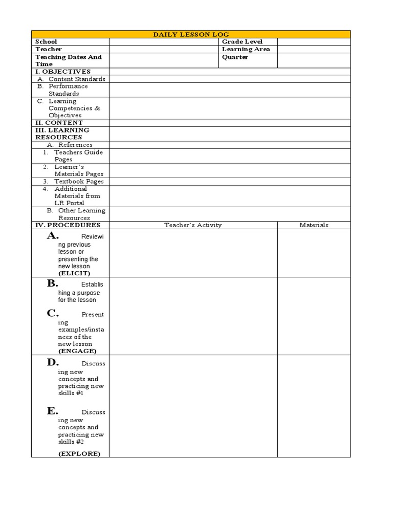 Daily Lesson Log School Grade Level Teacher Learning Area Teaching ...