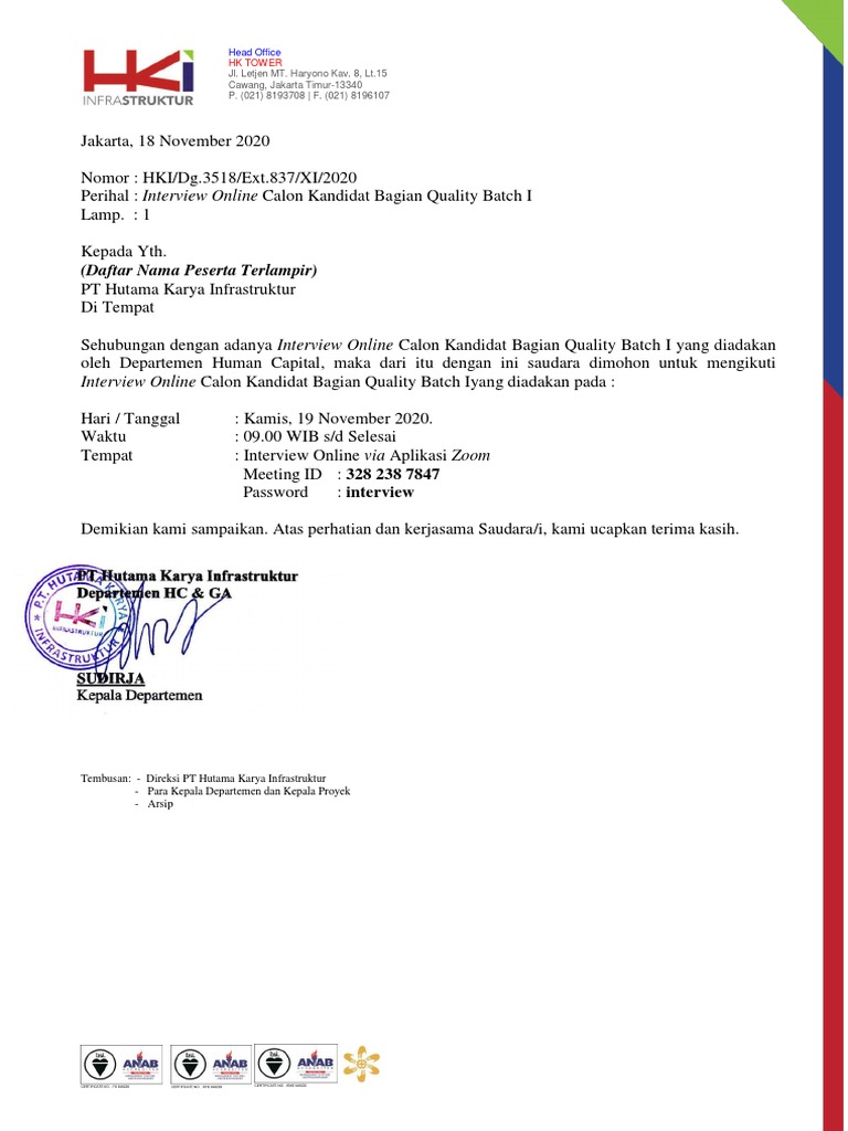 Undangan Interview User Calon Karyawan Quality Batch 1 - Kamis 19 November 2020 | PDF