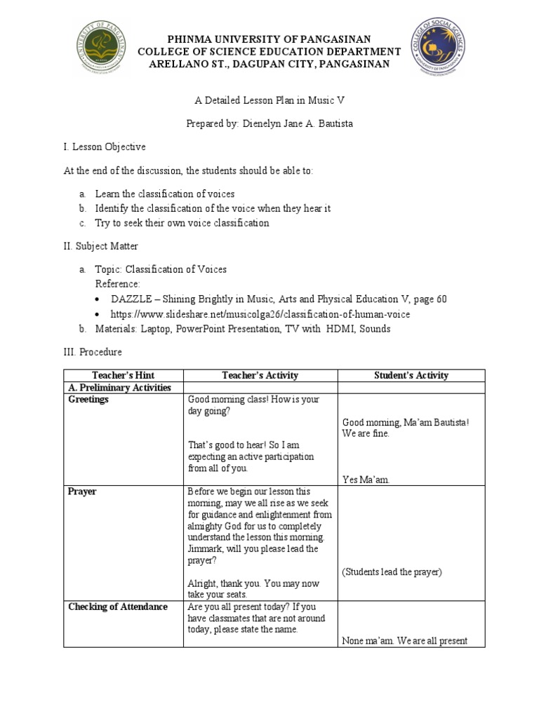 A Detailed Lesson Plan in Music V | PDF | Human Voice | Vocal Music
