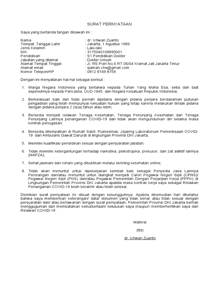 Surat Pernyataan Relawan Covid | PDF | Pengembangan Diri