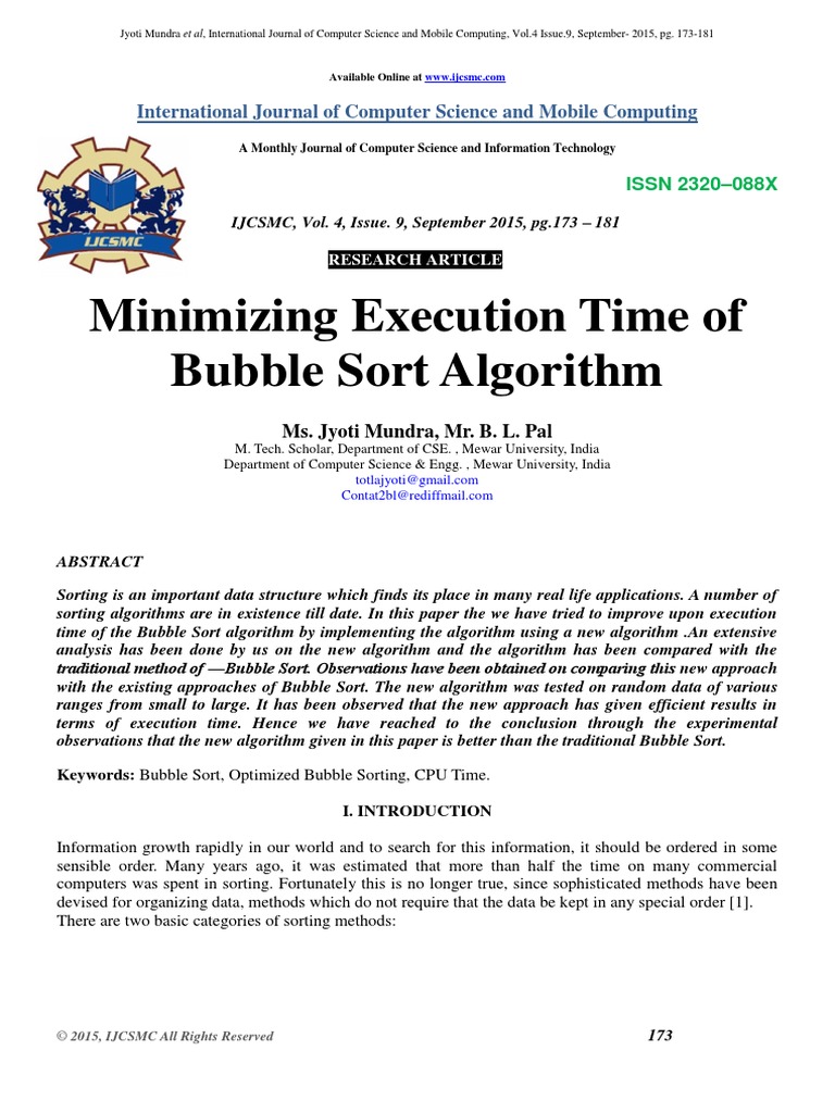 Minimizing Execution Time of Bubble Sort Algorithm: International ...